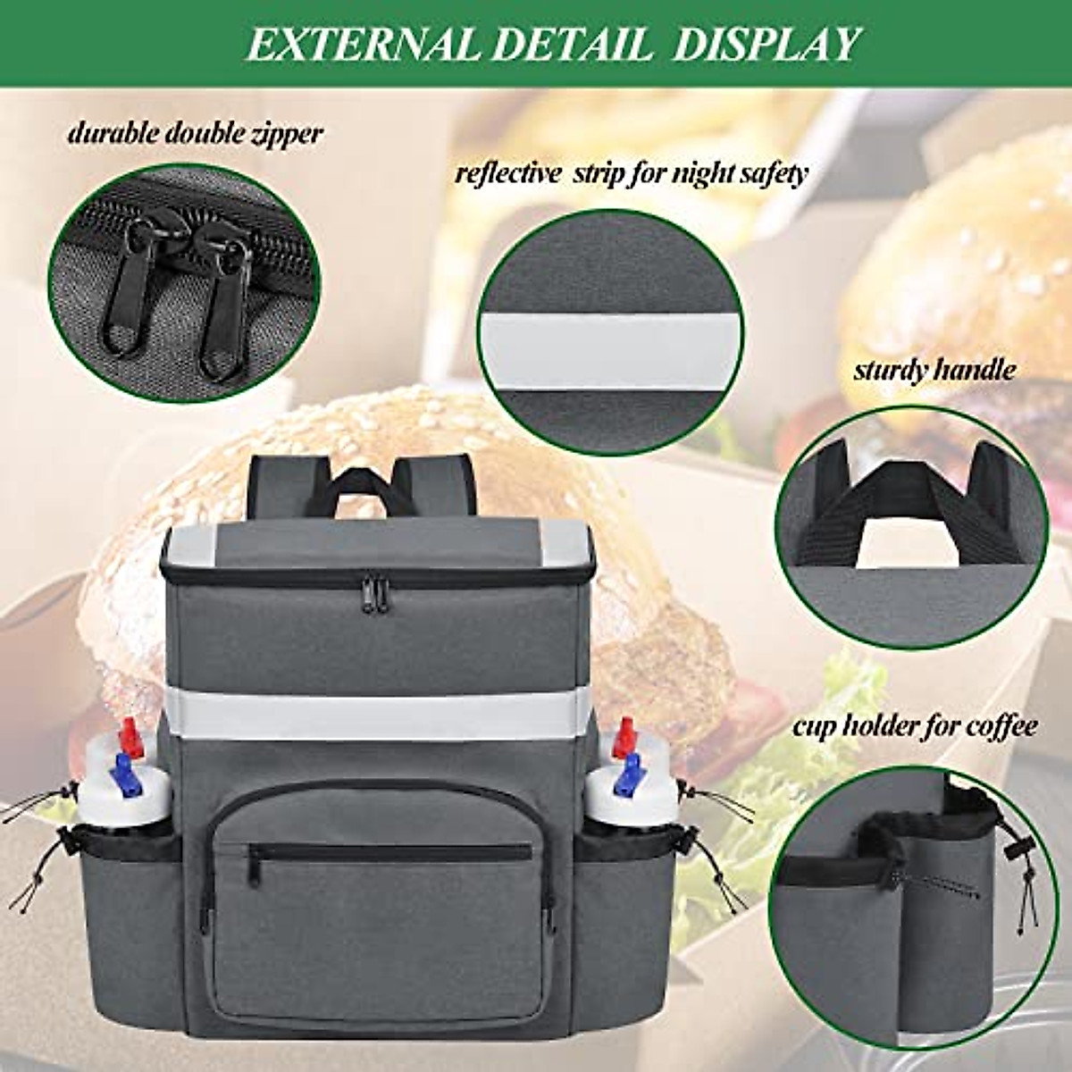 ZFZGFRCS Food Delivery Backpack Pizza Delivery Bag Insulated Delivery Bag with Cup Holders, Delivery Backpack with Support Boards for Bike Delivery, Food Delivery Bag for Carry HOT/COLD (Gray)