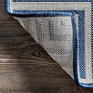 nuLOOM 7' Round Outdoor Area Rug, Casual Design With Striped Border, Stain Resistant, Highly Durable, For Patio, Balcony, Bedroom, Living Room, Dining Room, Bathroom, Navy