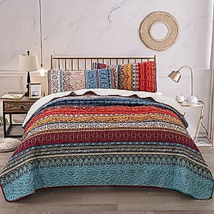 WONGS BEDDING Bohemian Quilt Set California King, Boho Striped Pattern Printed Quilt Coverlet for All Season, Soft Microfiber Boho Bedspread Set 96"x106"(3 Pieces, Cal King)