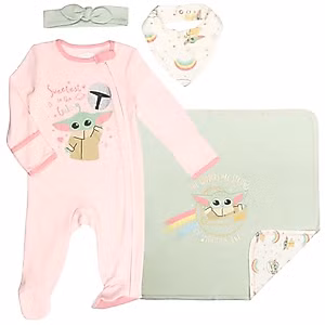 STAR WARS The Child Newborn Baby Girls Sleep N' Play Coverall Headband Bib and Blanket 4 Piece Pink/Green 0-6 Months