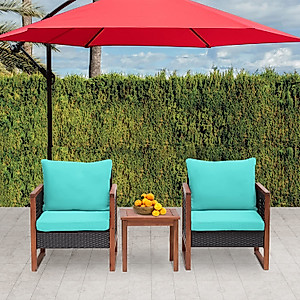 FDW 3-Piece Patio Bistro Set Acacia Wood Outdoor Chat Conversation Table Chair Set Outdoor Wood Chat Set with Water Resistant Cushions and Coffee Table for Beach Backyard Garden,Blue Cushion