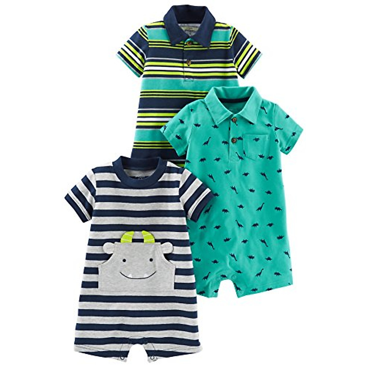 Simple Joys by Carter's Baby Boys' 3-Pack Rompers, Green Dinosaur/Navy Stripe/Yellow Stripe, 3-6 Months