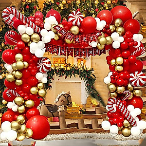 Merry Christmas Balloon Arch Garland Kit Red White Gold Balloons with Candy Cane Foil Balloons for Holiday Christmas Candy Themed Party Decorations