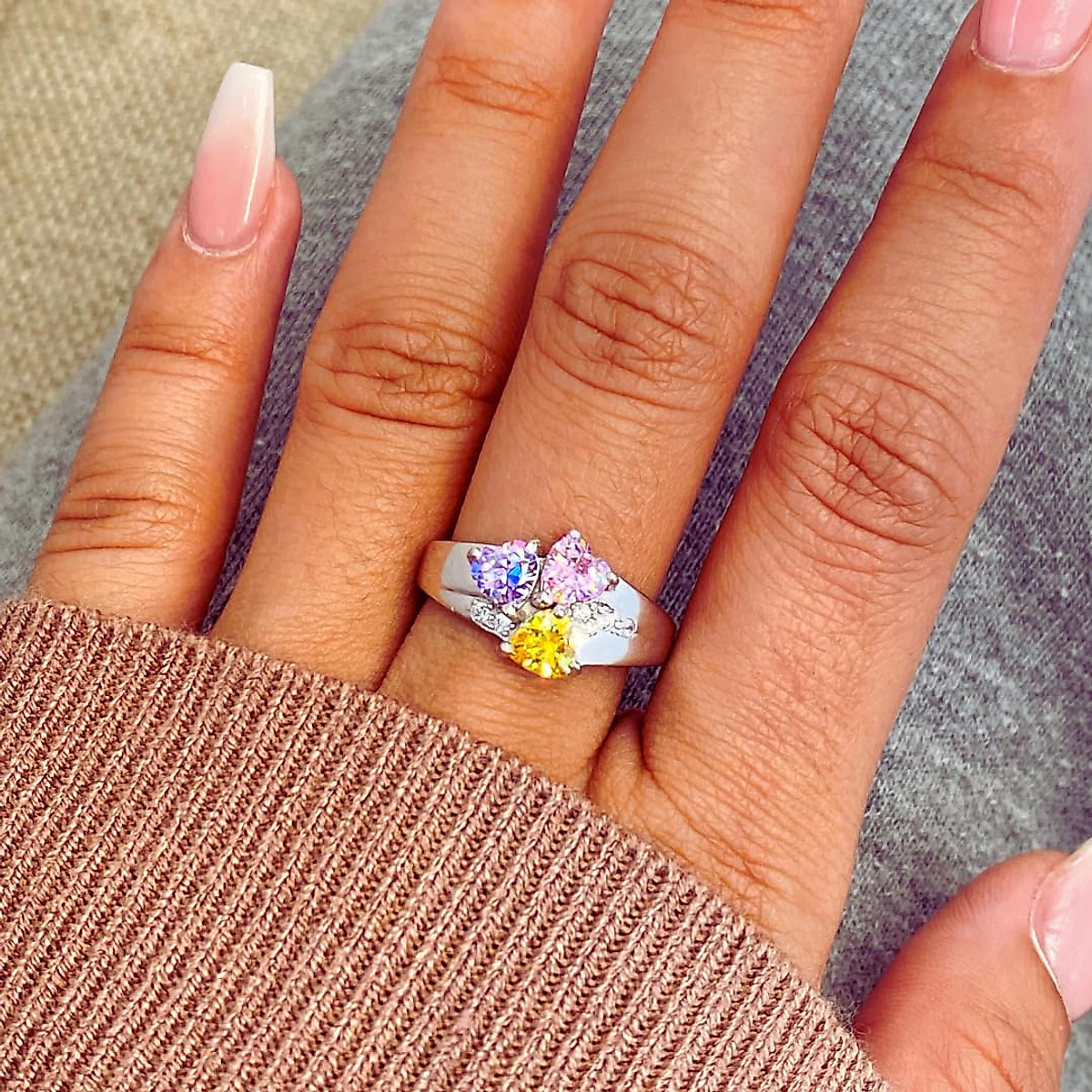 PaulaMax Jewelry Mothers Ring with 3 Birthstones – Custom Engraved Birthstone Ring for Women in Sterling Silver or White Gold – Personalized 3 Heart Birthstones, Size 7