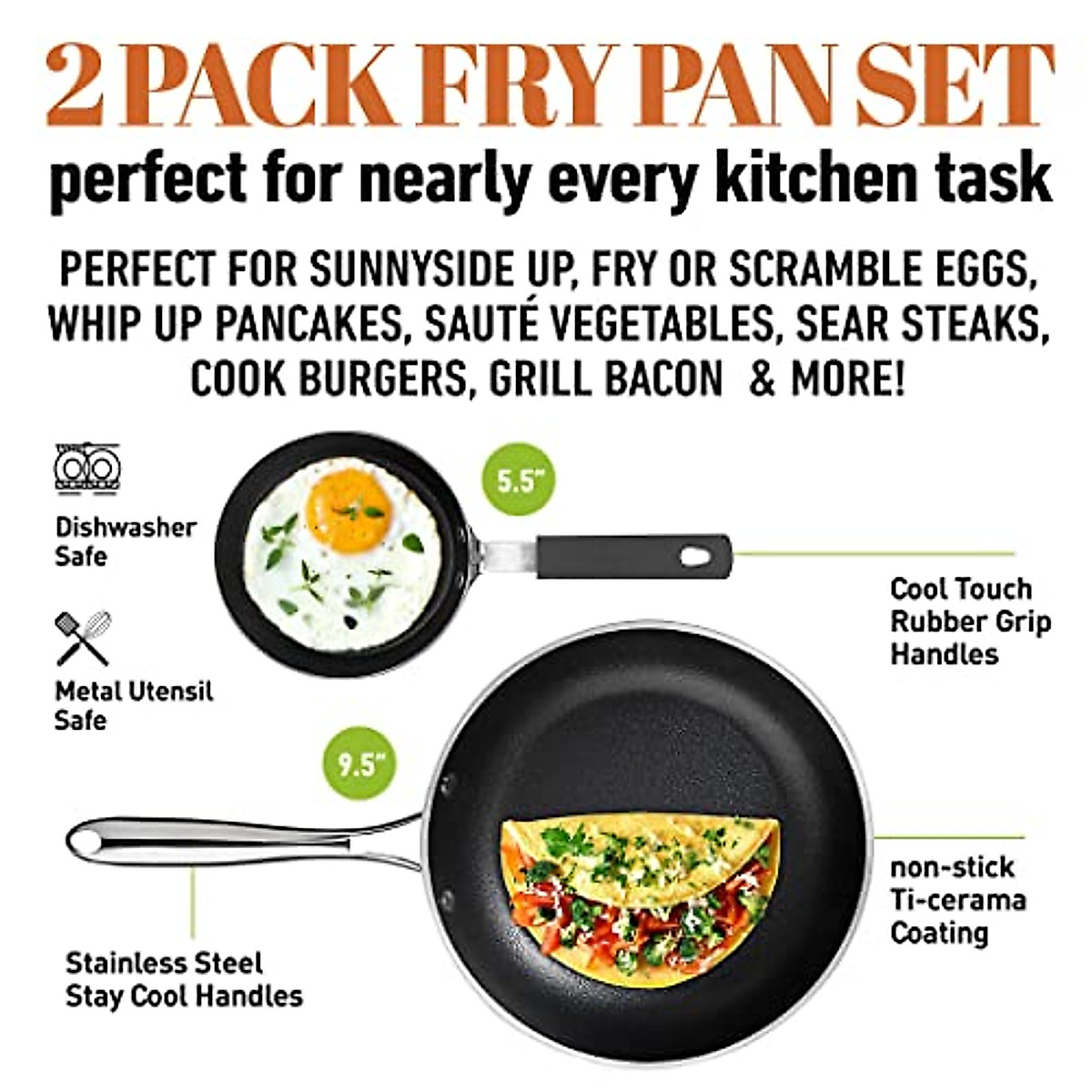 GOTHAM STEEL Cast Set, 2 Piece Nonstick Copper Fry Pans, 5.5” & 9.5” Non Stick Skillets, Metal Utensil Oven & Dishwasher Safe