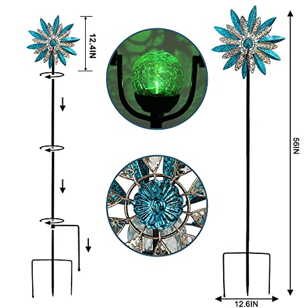 Glintoper Solar Wind Spinner, Outdoor Metal Stake Yard Spinners, Hollow Leaf Garden Kinetic Wind Catcher Wind Mills, Solar Powered Color Changing LED with Glass Ball, for Patio Lawn Yard