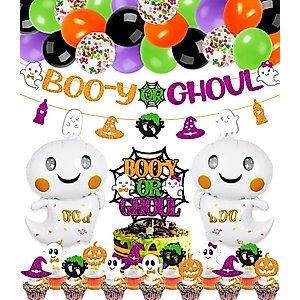 Halloween Gender Reveal Decorations Boo-y or Ghoul Banner Cake Cupcake Topper Ghost Balloon Pumpkin Witch Hat Theme for Kids Boy Girl Halloween Baby Shower Party Supplies