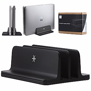 Vertical Laptop Stand - for Desk Organization with Dual Slot Adjustable Riser, Compatible with Asus, Chromebook, Dell, HP, MacBook, Razer, Samsung, Surface, Compact Portable Holder, Aluminum, Black