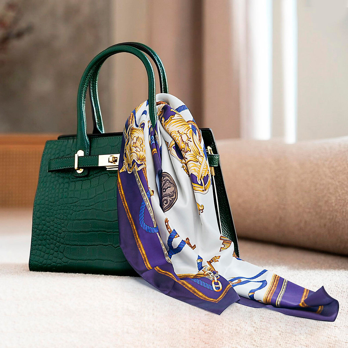 Annika Silk Silk Scarf for Women Elegantly Designed Lightweight 35'' x 35'' Hair Scarf for Sleeping with Hand Seam Silk Scrunchie and Scarf Ring (Navy Blue)