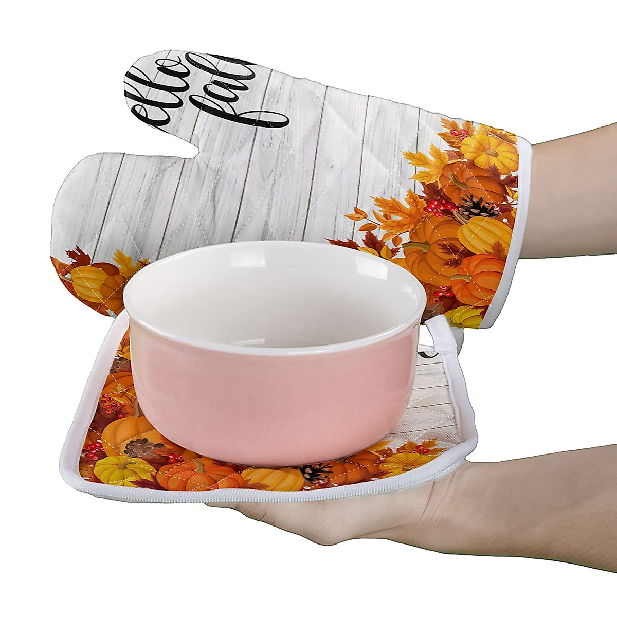 Hello Fall Oven Mitts and Pot Holder Set, Thermal Insulation Kitchen Oven Glove and Anti-Slip Potholder for Cooking, BBQ, Microwave, Grilling - Retro Farmhouse Pumpkins Leaves Wooden Grain