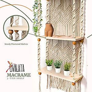 LIVALAYA 3-Tier Macrame Wall Hanging Shelf for Boho Hanging Wall Decor Shelves for Bedroom Bathroom, Nursery Bohemian Shelf for Cute Indoor Plants, Farmhouse Woven Rope Picture Holder Boho Bookshelf