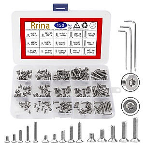 Rrina 150Pcs 304 Stainless Steel Flat Head Torx Security Machine Screws Tamper Resistant Screw Assortment Set, M3 M4 M5 with 3 Wrench(T10 T20 T25)
