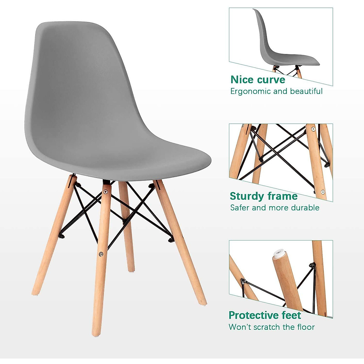 Furniwell Pre Assembled Modern Style Dining Chair Mid Century Modern DSW Chairs, Indoor Plastic Shell Lounge Plastic Chairs Side Chairs Set of 4 (Grey)