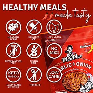 MaeMai Medium Spice (SPICY) - Crispy Onions & Garlic Flakes - Crunchy All-Purpose Seasoning, Keto, Salad Toppings, Fried Onions - Ramen, Rice Seasoning, Vegan, Gluten-free | 75g