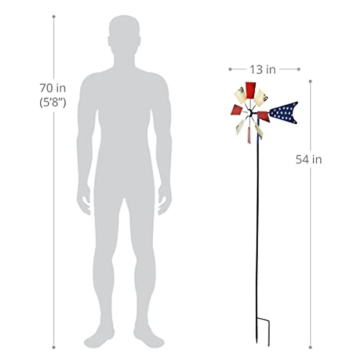 Exhart Yard Pinwheel Decorations – American Flag Windmill Spinner – USA Garden Windmill w/Weather Resistant Americana Metal Blades, Patriotic Decorations, Garden Décor (12" L x 13" W x 54" H)