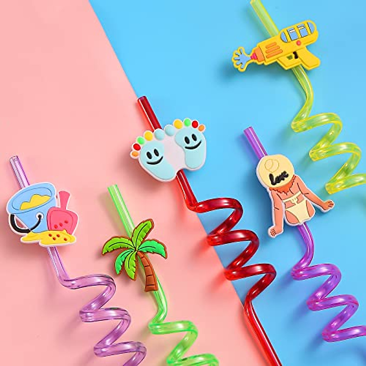 24 Summer Party Favors Reusable Drinking Straws for Kids Beach Pool Summer Birthday Party Supplies Decorations with 2 PCS Cleaning Brushes