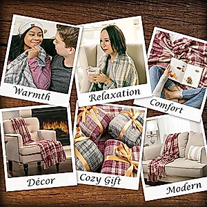 Chanasya Farmhouse Pattern Plaid Throw Blanket Lightweight Knit Textured Woven Decorative Blanket for Couch Bed Living Room Blanket with Tassels Fringed Throw Blanket (50x65 Inches) Maroon Purple