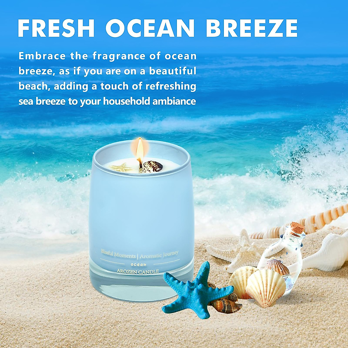 AROZEN Ocean Beach Scented Candles Gifts for Women, Aromatherapy Soy Fall Candles for Home Scented, 10oz Sea Candles with Healing Crystal Inside, Christmas Birthday Gifts Candle for Women Mom Decor