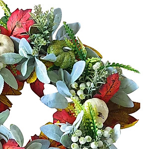 Fall Wreaths for Front Door Harvest Wreath with White Pumpkin Cotton Lamb's Ear Eucalyptus Leaves Farmhouse Autumn Wreath for Thanksgiving Halloween Decoration Indoor Outdoor (Maple-13.77IN)