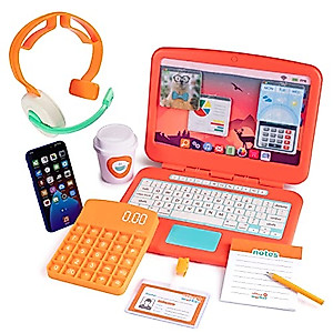 Born Toys Toddler Pretend Play Office Set - 9 pcs Kids Pretend Play Work from Home Office Includes Kids Laptop, Toy Phone w/LED Lights & Sounds, Calculator Pop It & Headset for Ages 3-7