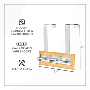 ToiletTree Products Bamboo Stainless Steel Over-The-Door Towel Hooks - Durable Coat, Clothes, and Towel Rack to Use in The Bathroom, Laundry Room, and Closet - 3 Hooks