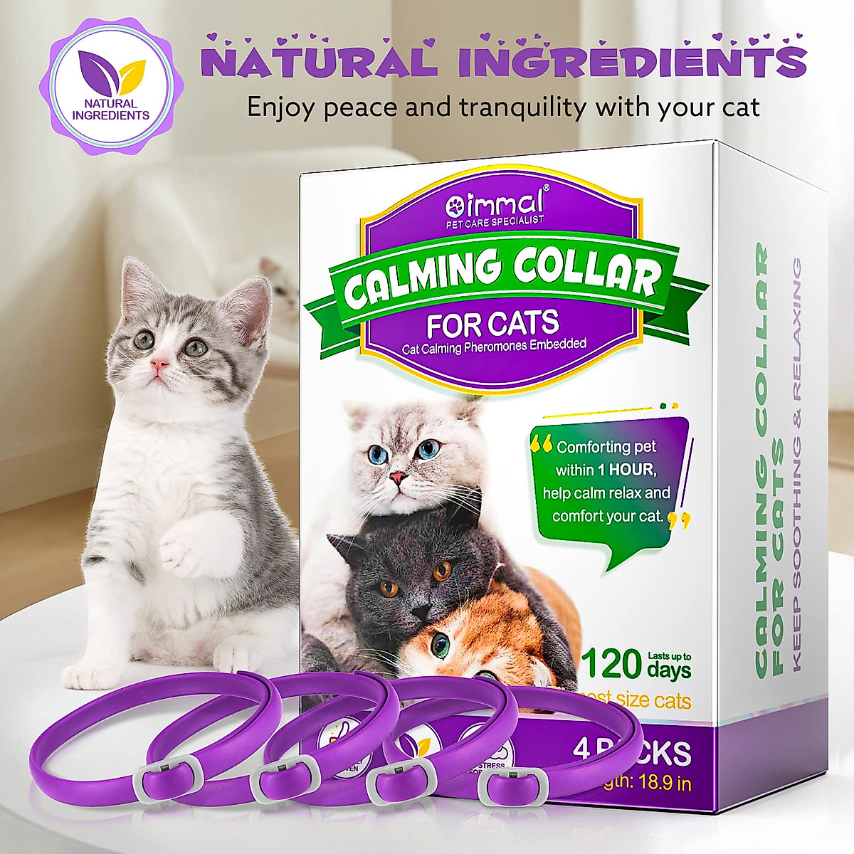 YEUGSCKA 4 Pack Calming Collar for Cats, Relieve Reduce Anxiety Stress, Calming Pheromone Collar for Cats, Cat Pheromone Collar Adjustable for Small, Medium Large Cat