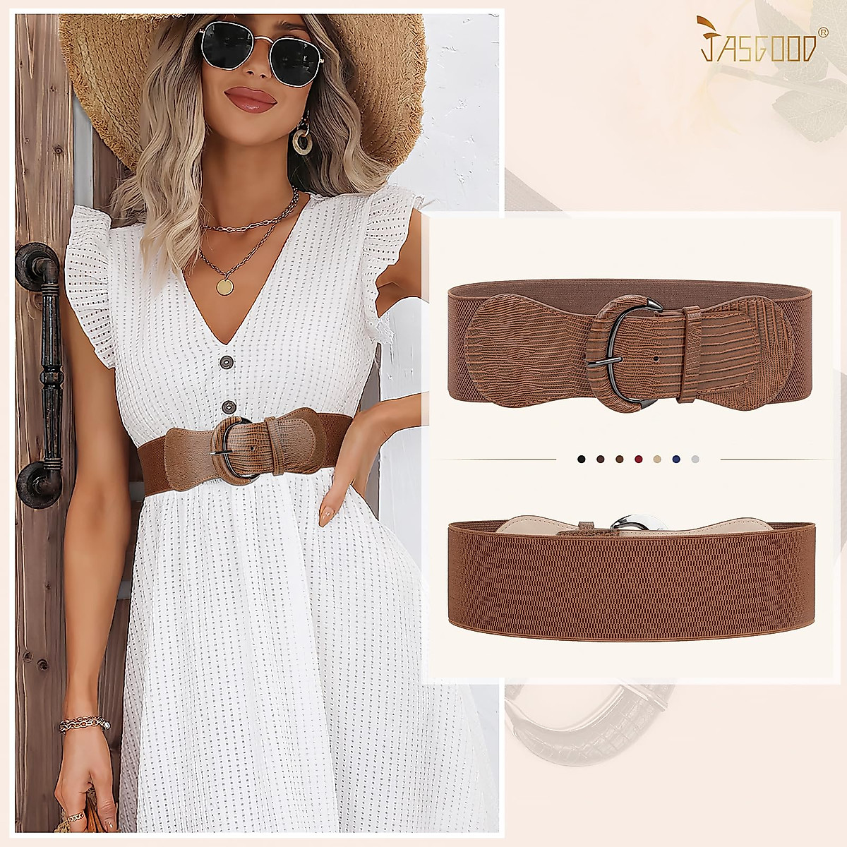 JASGOOD Women Stretchy Wide Waist Belt for Dress Ladies Elastic Belt Hook Buckle (Suit for Size 37-42 Inches,B-Brown)