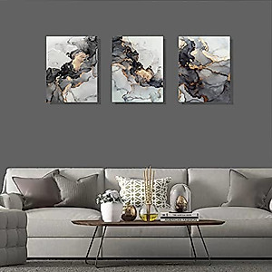 JGSHJF 3 Panel Canvas Wall Art Prints Black and White Grey Abstract Modern Framed Gold Fluid Lines Ink Painting Marbling Picture Home Bedroom Decor Print Poster Contemporary Hanging Artwork (12X16)
