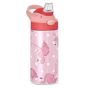 Kigai Pink Flamingos and Dots Kids Water Bottle, Insulated Stainless Steel Water Bottles with Straw Lid, 12 oz BPA-Free Leakproof Duck Mouth Thermos for Boys Girls