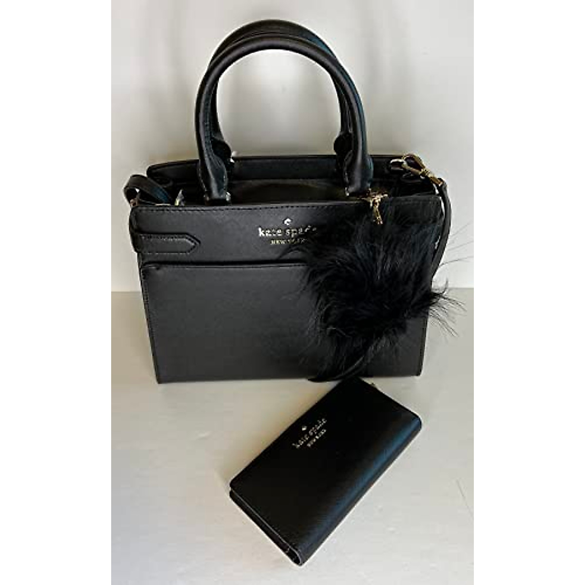 Kate Spade New York Staci MD Satchel bundled with matching Slim Bifold Wallet and Fur Pom (Black)