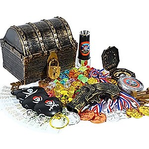 Lingway Toys Kids Pirate Treasure Chest Large Size Teacher's Favorite Treasures Collection Storage with Goodies Option B(Vintage Bronze Coating,6.3"X4.8"X5.2")