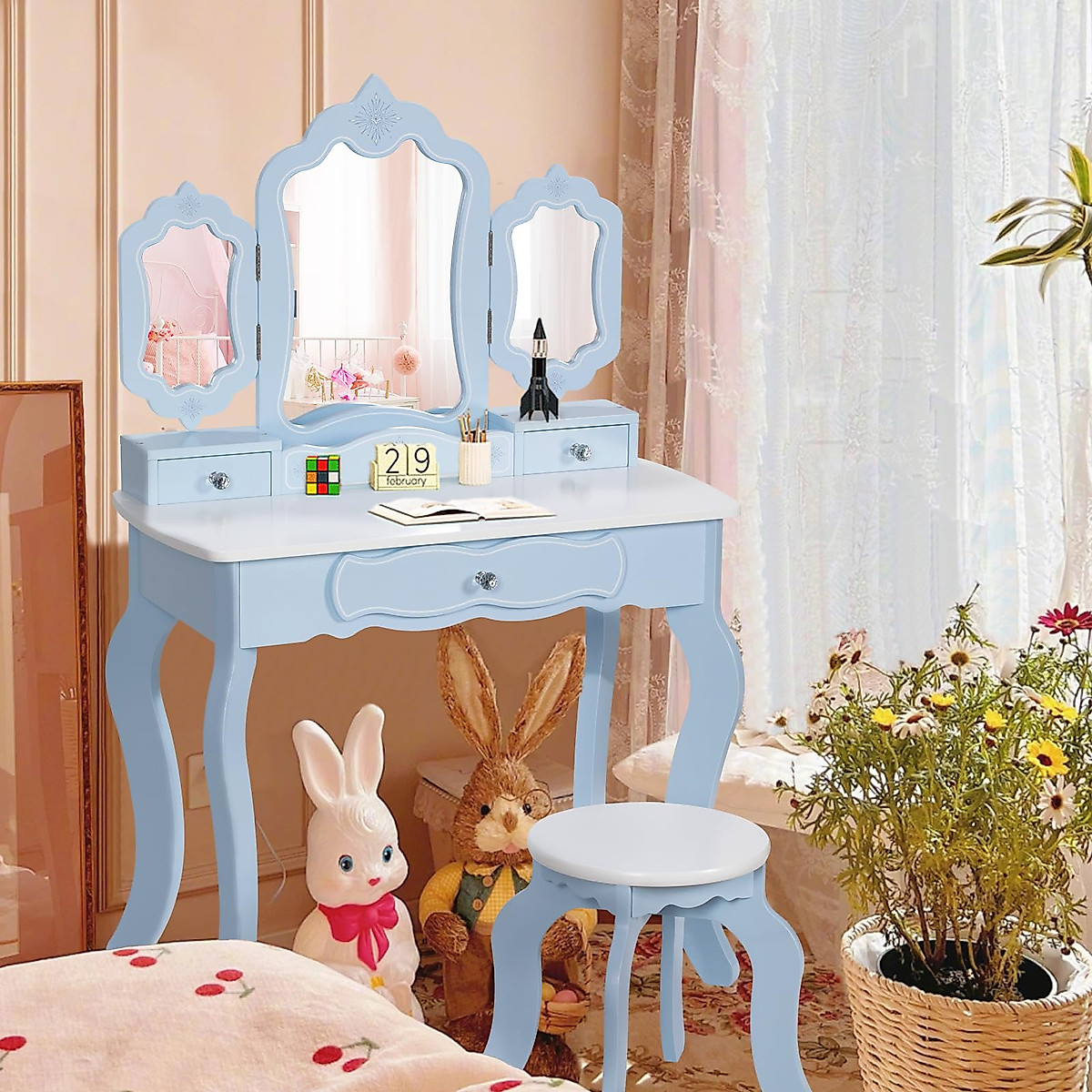 BRINJOY Kids Vanity Set, 2-in-1 Wooden Makeup Table & Stool w/Detachable Tri-fold Mirror, Pretend Play Princess Dressing Table w/Drawer&Accessories, Children Beauty Vanity Set for Girls 3+, Blue