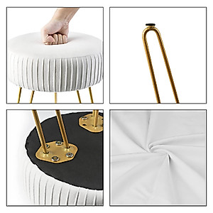 TOUCH-RICH Stripe Velvet Vanity Chair Round Ottoman,Upholstered Vanity Makeup Footstool Side Table Dressing Chair with Golden Metal Legs (Beige, Round-Normal)