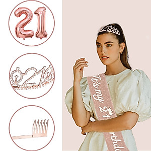 21st Birthday Decorations For Her ZJDZTK,Including Rose Gold 21st Birthday Sash,Crown,Cake Topper,Digital Candles,Balloons Set,Accompanying Birthday Card And Beautiful Gift Box