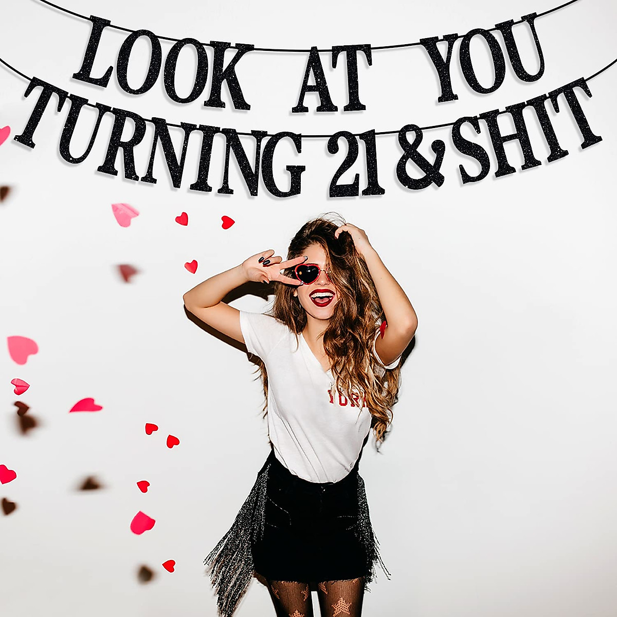 Black Glitter Look At You Turning 21 & Sh*t Banner, Rip Fake ID/21 & Legal/Happy 21st Birthday/Cheers to 21 Years, Funny 21st Birthday Party Decorations