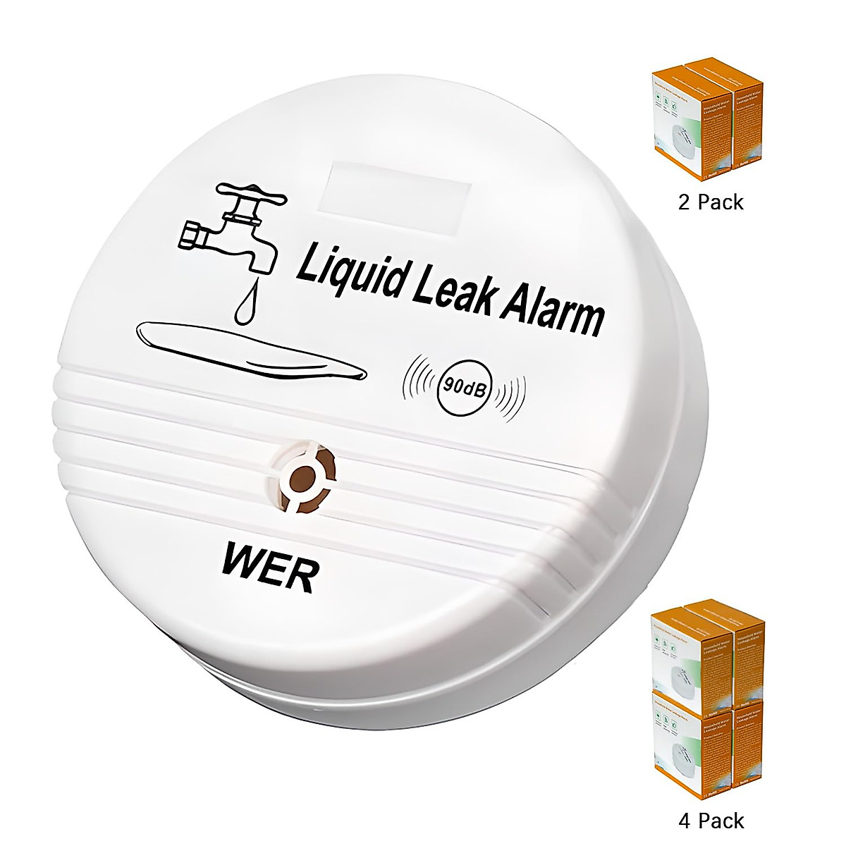 WER Water Leak Alarm Sensor, Battery Operated Leak Alert, 90dB Water Detector for Basements, Bathrooms, Laundry Rooms, Kitchens, Garages and All Office Areas (Shipped Without Battery, 2 Pack)