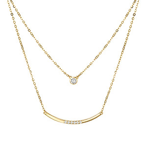 FANCIME 14k Solid Yellow Gold Double Chain Choker Layered Wavy Bar Solitaire Bezel Dot Diamond 0.09cttw Pendant Necklace For Women, 16" + 2" Extender