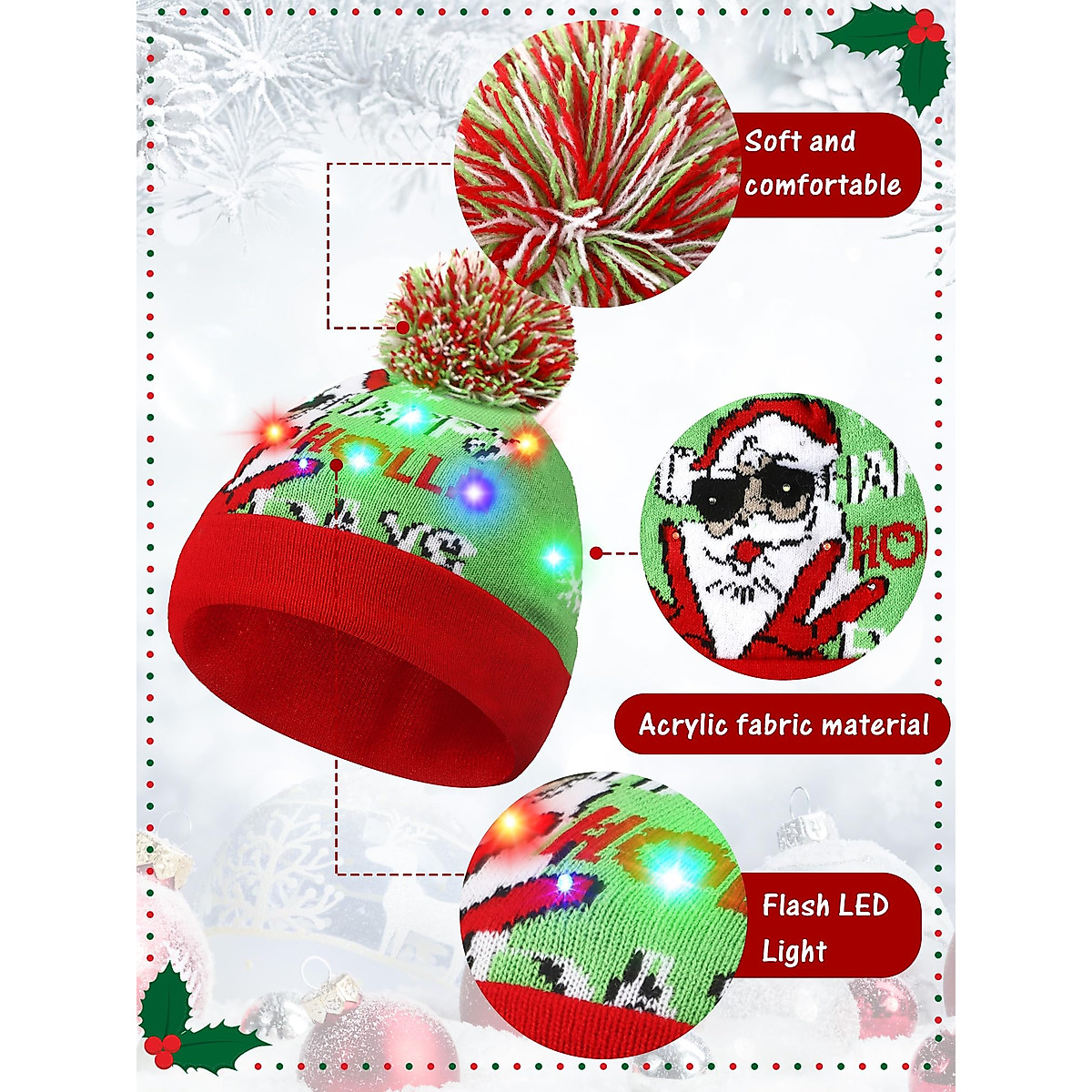 Eurzom 3 Pieces LED Light up Christmas Hat Xmas Light up Scarf Gloves Set Holiday Christmas Hat Beanie Knit Cap for Christmas Party (Sunglasses)