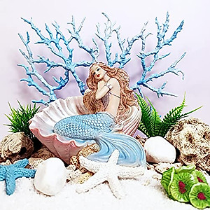 Blue Mermaid Figurines Resin Mermaid with Shell Sculpture Mediterranean Princess Ornaments Home Office Desktop Bookshelf Mermaid Collectible Figurines Crafts Fish Tank Aquarium Decoration