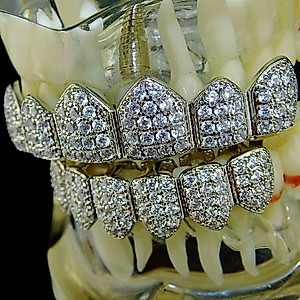 CZ Grillz Set Silver Tone Cubic Zirconia Micro Pave Bling Teeth Top & Bottom Row Iced Hip Hop Grills