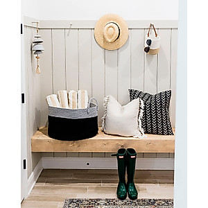 OrganiHaus Gray & Black Throw Blanket Basket for Living Room 20x13, Large Woven Baskets for Storage, Cotton Rope Baskets with Handles, Big Nursery Laundry Basket, Blanket Bin & Pillow Basket