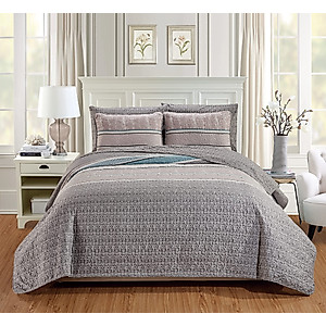 GrandLinen - 3-Piece Fine Printed Oversize (100 X 95) Quilt Set Light Weight Reversible Bedspread Coverlet Queen Size Bed Cover (Grey, Teal Blue (More Bluish), White, Stripe)