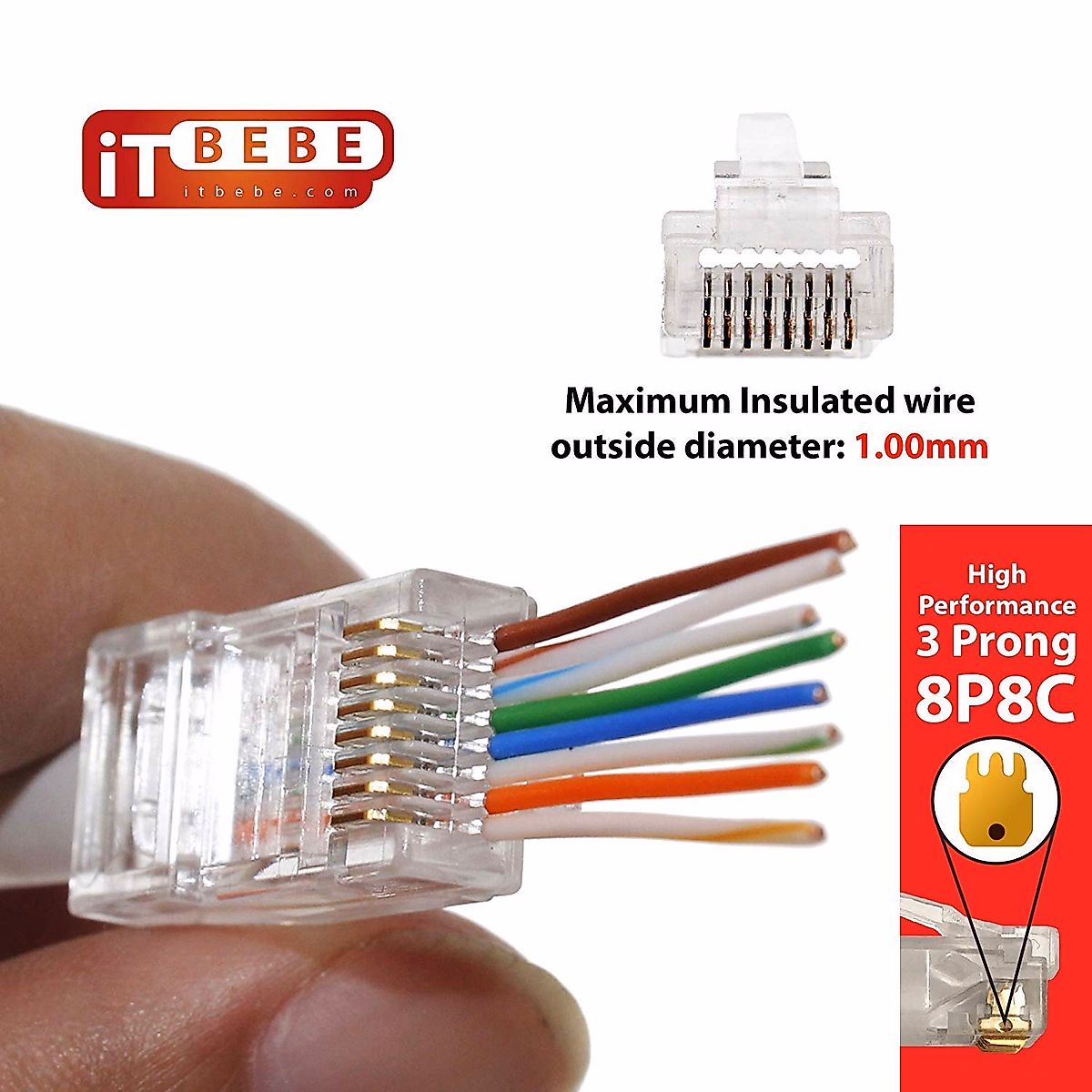 ITBEBE Gold Plated 100 Pieces End Pass Through RJ45 Cat5 Cat5e Connector by itbebe (Cat5/5e 100 Pieces)