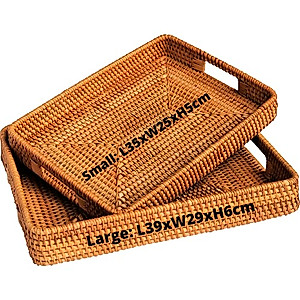 Rectangular Wicker Serving Tray-Set of 2- w/Inbuilt Handles-Handmade Woven Rattan Storage Basket-Decorative Coffee Tabletop Tray-Boho Flat Bathroom Organizer-(L- 15.4"x2.4" M- 13.7"x 2")