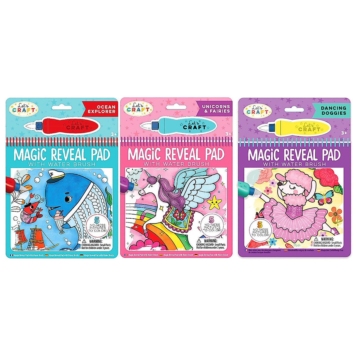 Bright Stripes Let's Craft Magic Reveal Pad No Mess Water Coloring Book Kids Arts and Crafts Fun Painting Learning Activities Book 3 Pack with Refillable Brush, Children’s Travel Toys, Whimsical Art