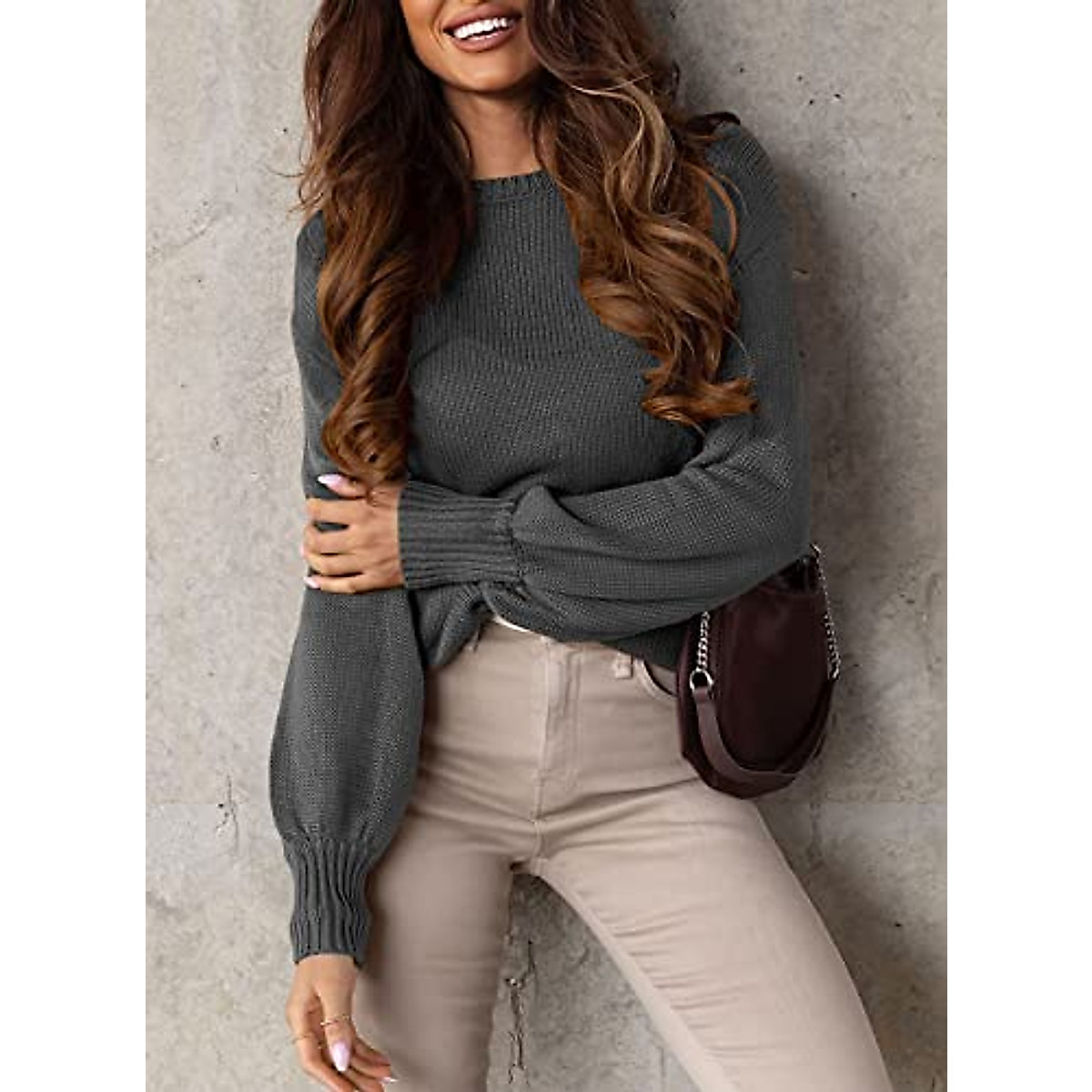 Dokotoo Crewneck Fall Sweaters for Women Long Sleeve Cut Out Backless Soft Tie Knot Knitted Pullover Casual Loose Gray Jumper Tops S