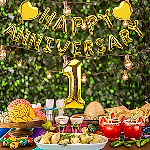 Yoaokiy 1 Year Anniversary Balloon Decorations, Happy 1st Anniversary Party Supplies - Gold Glitter 1 Year Anniversary Balloon Banner with 2 Heart Foil, 1st Wedding Anniversary Supplies Decorations