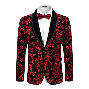 COOFANDY Mens Floral Tuxedo Jacket Regular Fit Velvet Blazer Red Wedding Party Prom Suits Jacket