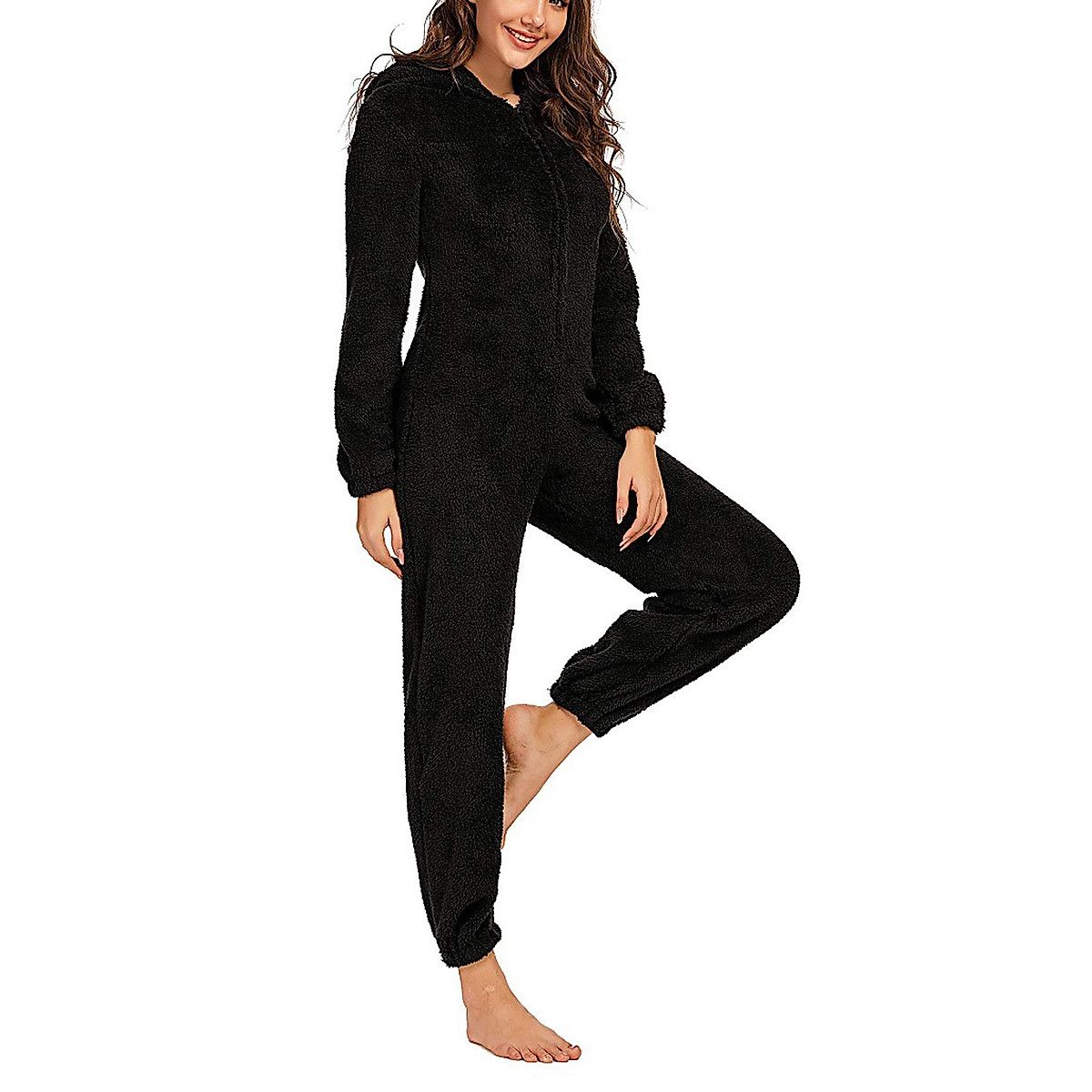 chouyatou Women's Ultra Comfy Lounge Furry Sherpa Romper Onesie Pajamas Cute Ear Hood (Large, Black)