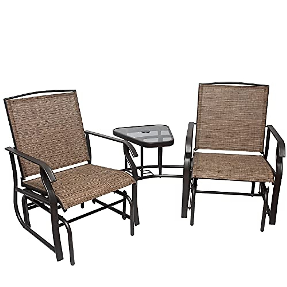 HSQQ 3 in 1 L Porch Glider Loveseat Outdoor Patio Swing Glider Chair 2-Person Outdoor Sling Fabric Double Glider Rocker Chair, Coffee Table with Umbrella Hole for Garden, Porch, Backyard, Beige